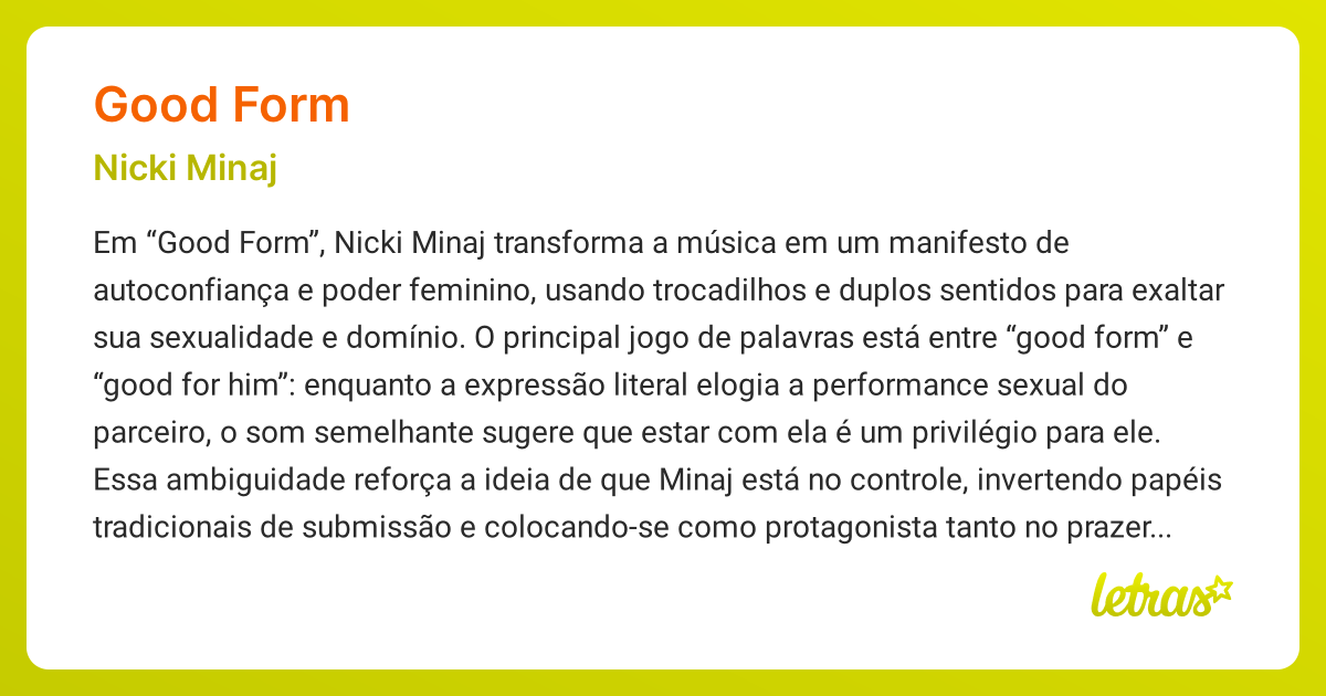 Significado da música GOOD FORM (Nicki Minaj) - LETRAS.MUS.BR