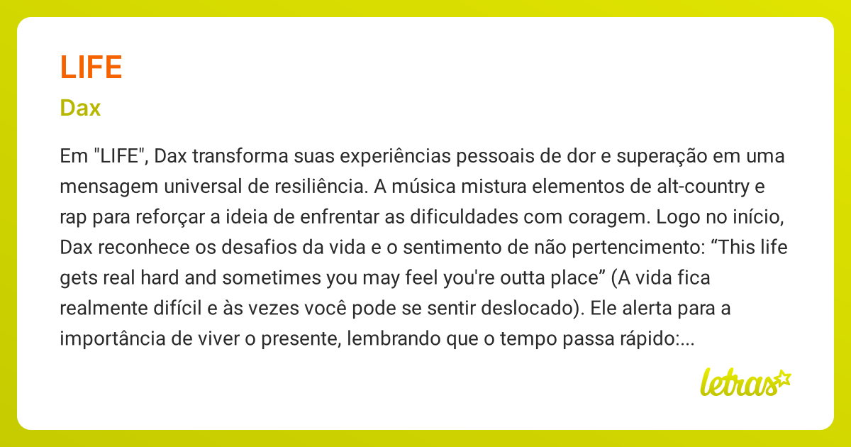 Significado da música LIFE (Dax) - LETRAS.MUS.BR