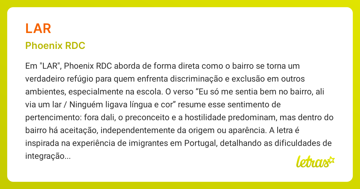 Significado da música LAR (Phoenix RDC) - LETRAS.MUS.BR