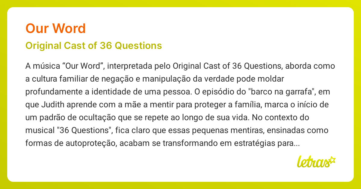 Significado da música OUR WORD (Original Cast of 36 Questions) - LETRAS ...