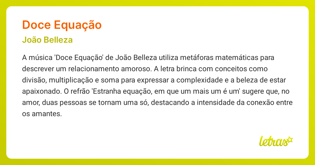 Significado da música DOCE EQUAÇÃO (João Belleza) - LETRAS.MUS.BR