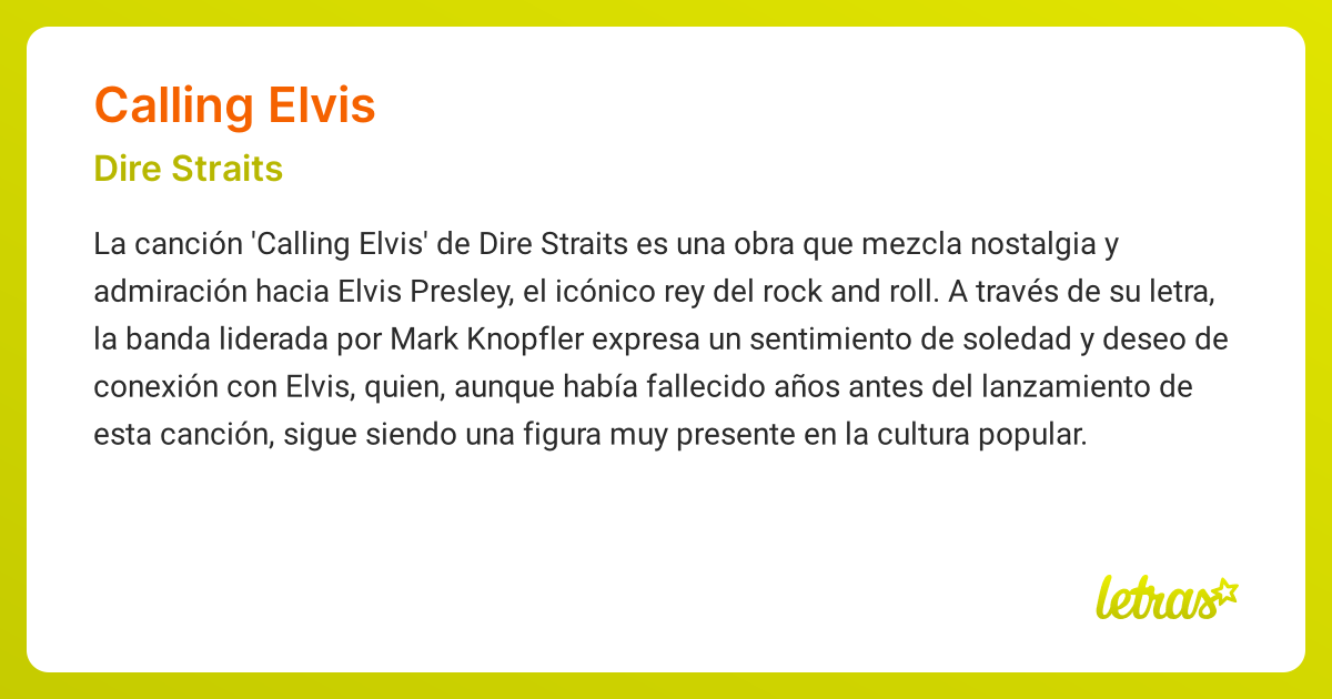 Significado de la canción CALLING ELVIS (Dire Straits) - LETRAS.COM