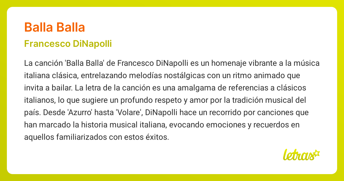 Significado de la canción BALLA BALLA (Francesco DiNapolli) - LETRAS.COM