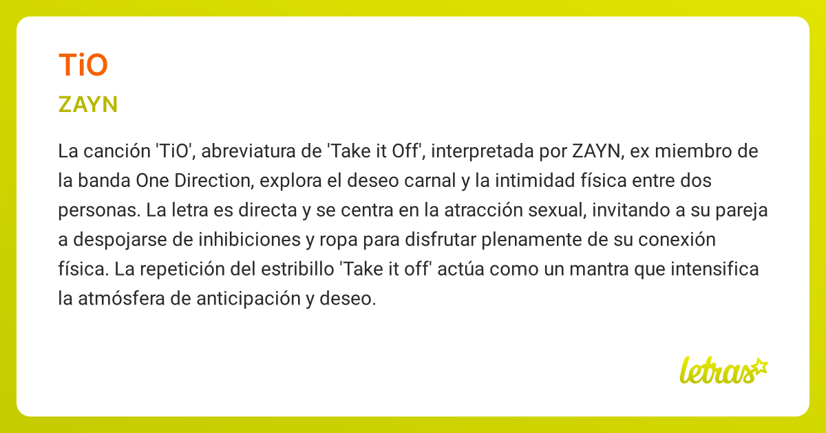 Significado de la canción TIO (ZAYN) - LETRAS.COM