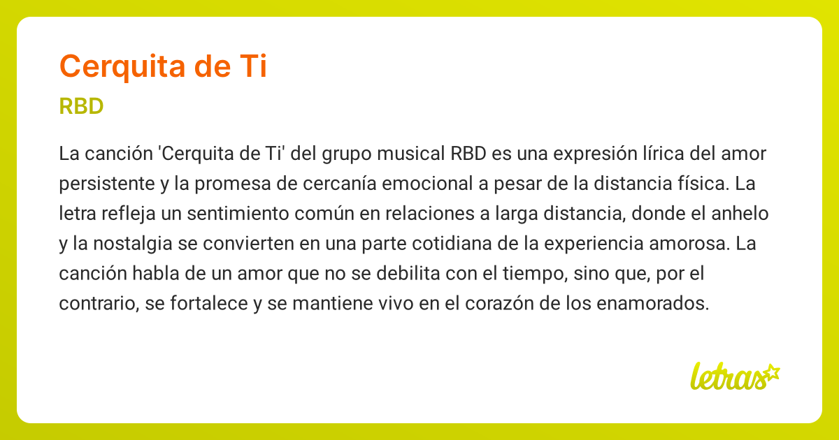 Significado de la canción CERQUITA DE TI (RBD) - LETRAS.COM
