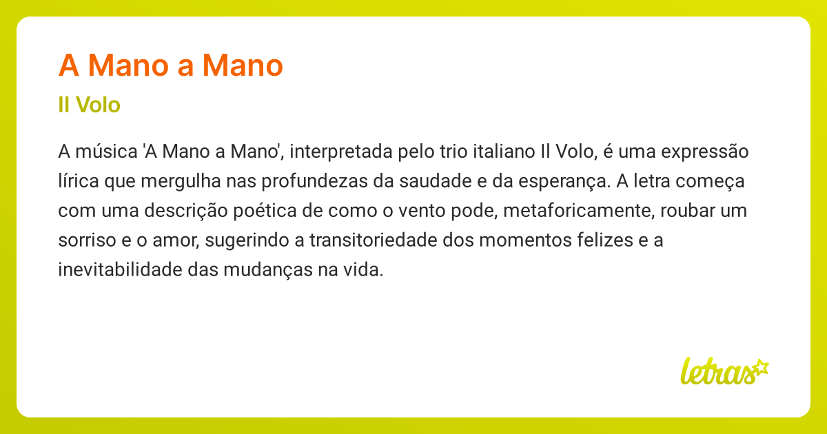 Significado da música A MANO A MANO (Il Volo) - LETRAS.MUS.BR
