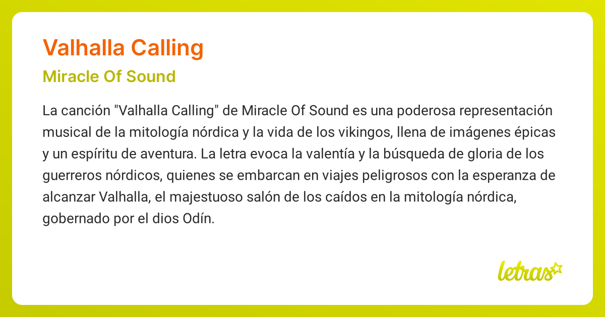 Significado de la canción VALHALLA CALLING (Miracle Of Sound) - LETRAS.COM