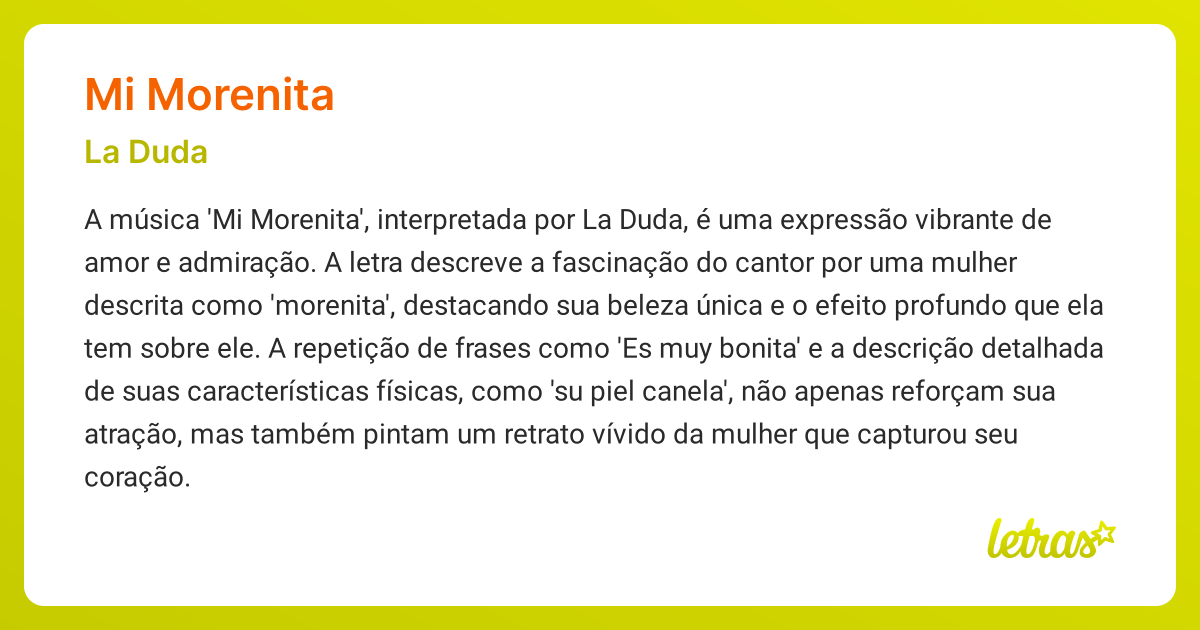 Significado da música MI MORENITA (La Duda) - LETRAS.MUS.BR
