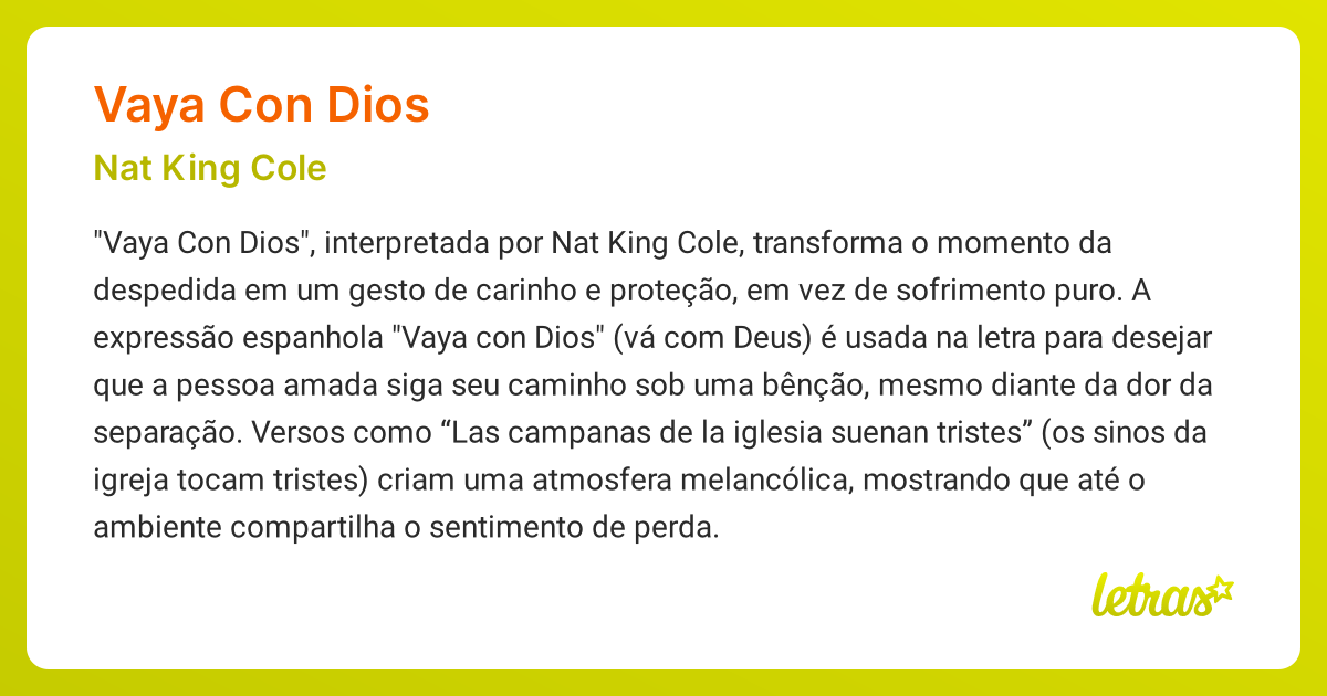 Significado da música VAYA CON DIOS (Nat King Cole) - LETRAS.MUS.BR