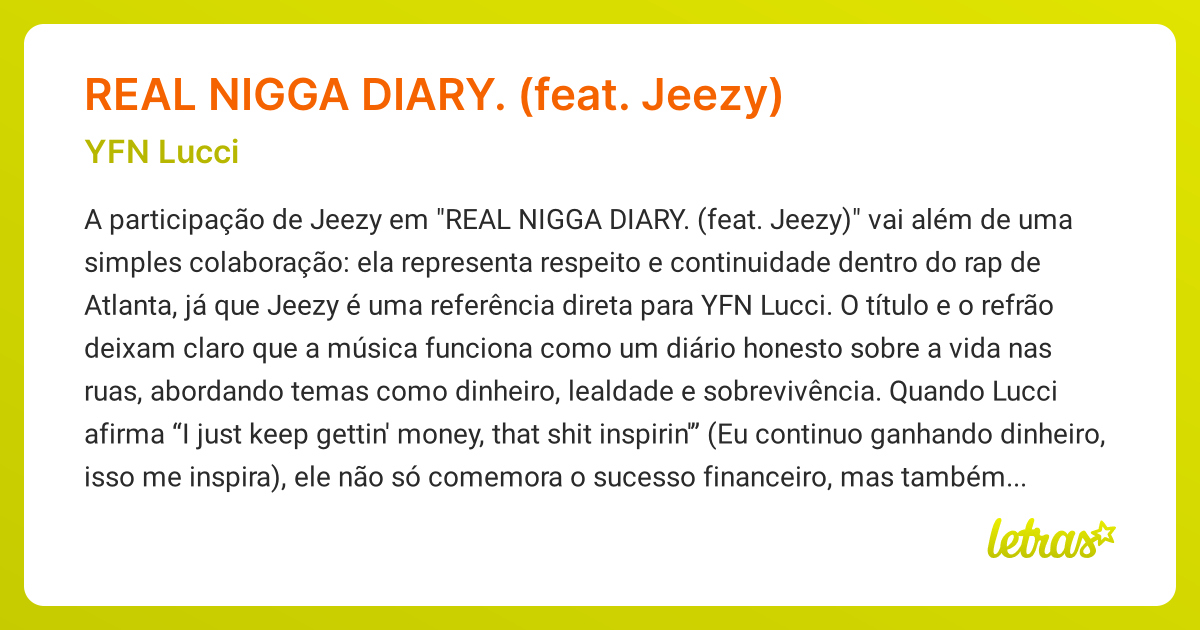 Significado da música REAL NIGGA DIARY. (feat. Jeezy) (YFN Lucci ...