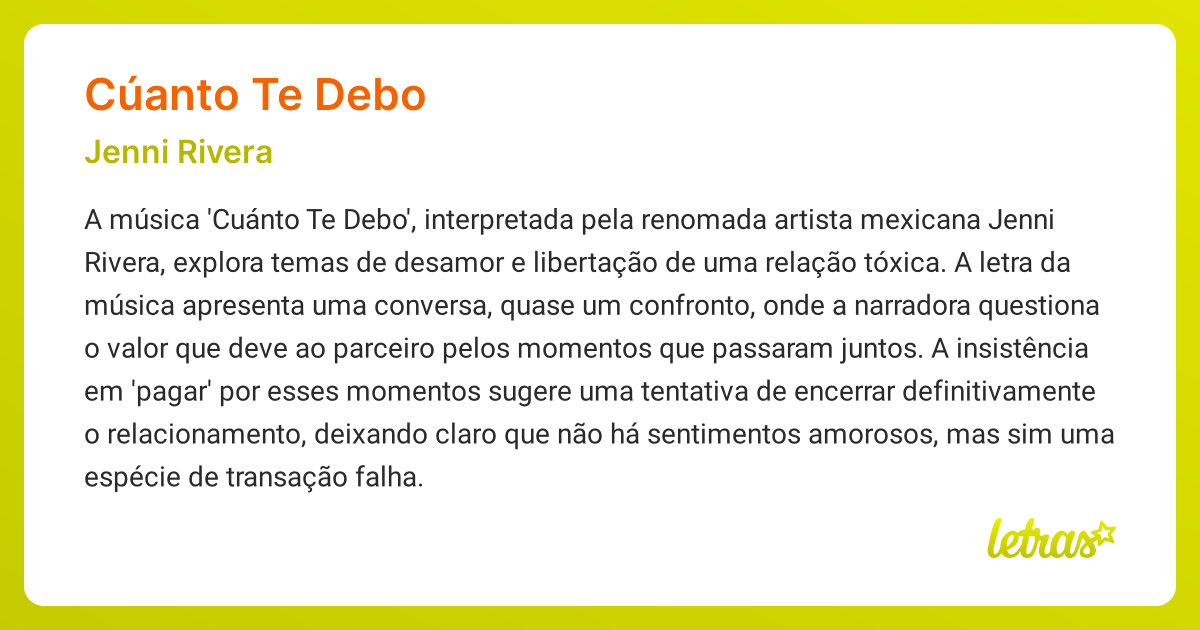 Significado da música CÚANTO TE DEBO (Jenni Rivera) - LETRAS.MUS.BR