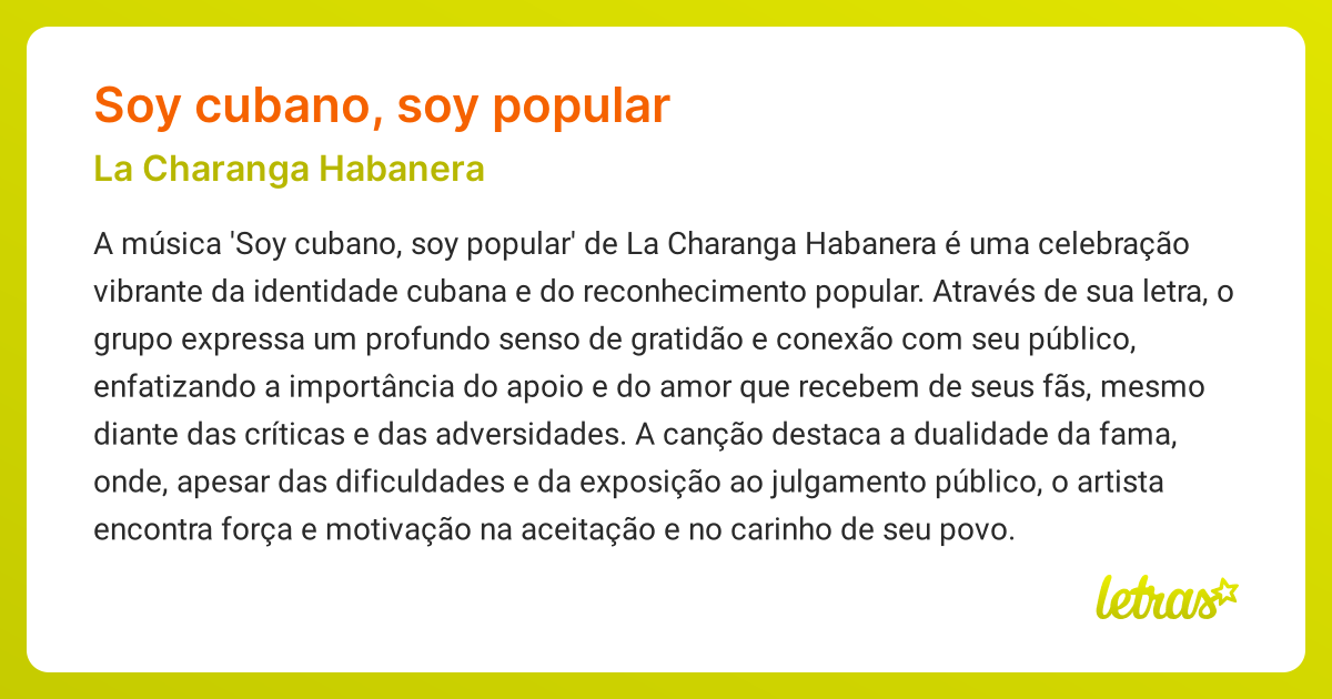 Significado da música SOY CUBANO, SOY POPULAR (La Charanga Habanera ...