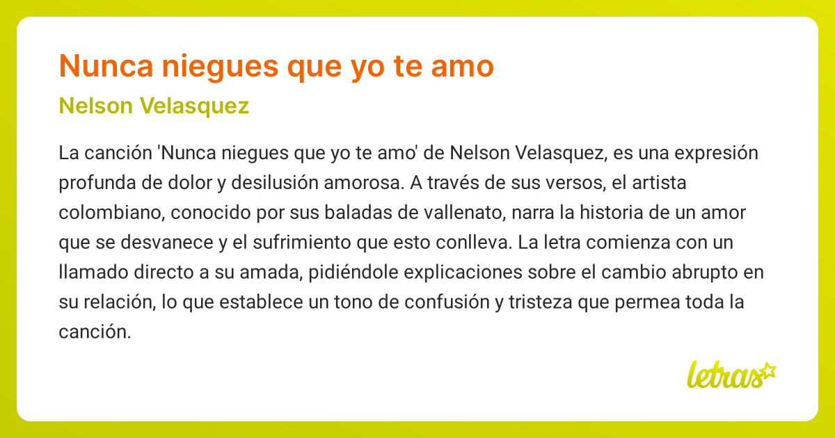 Significado de la canción NUNCA NIEGUES QUE YO TE AMO (Nelson Velasquez ...