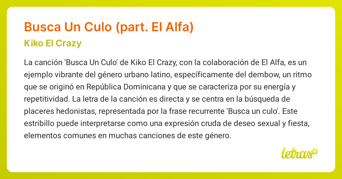 Significado de la canción BUSCA UN CULO (PART. EL ALFA) (Kiko El Crazy ...