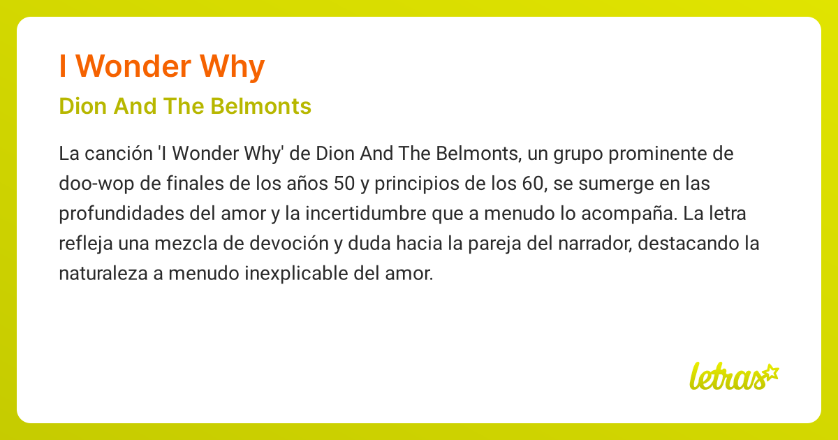Significado de la canción I WONDER WHY (Dion And The Belmonts) - LETRAS.COM
