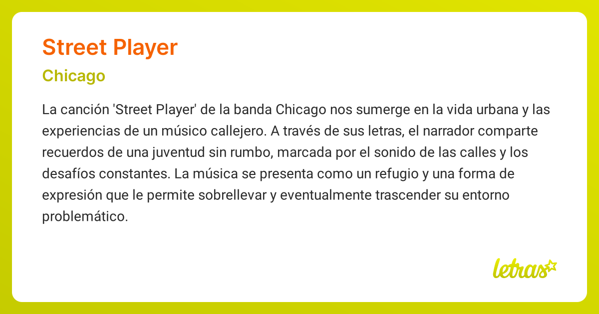 Significado de la canción STREET PLAYER (Chicago) - LETRAS.COM