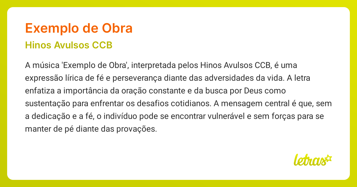 Significado da música EXEMPLO DE OBRA (Hinos Avulsos CCB) - LETRAS.MUS.BR