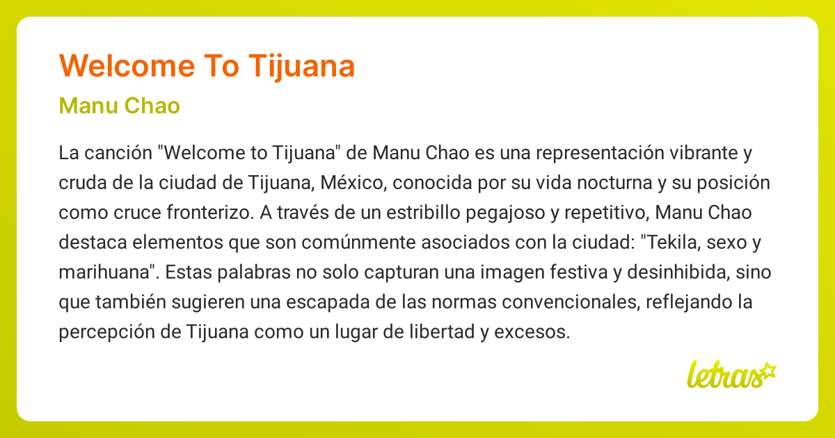 Significado de la canción WELCOME TO TIJUANA (Manu Chao) - LETRAS.COM