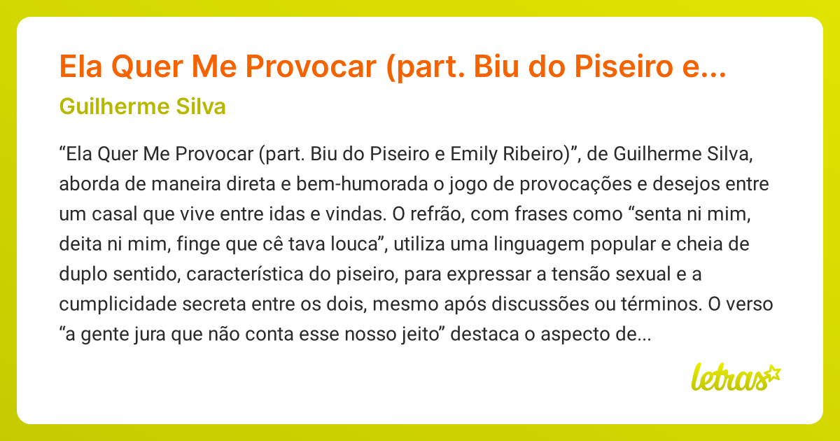 Significado da música Ela Quer Me Provocar (part. Biu do Piseiro e ...