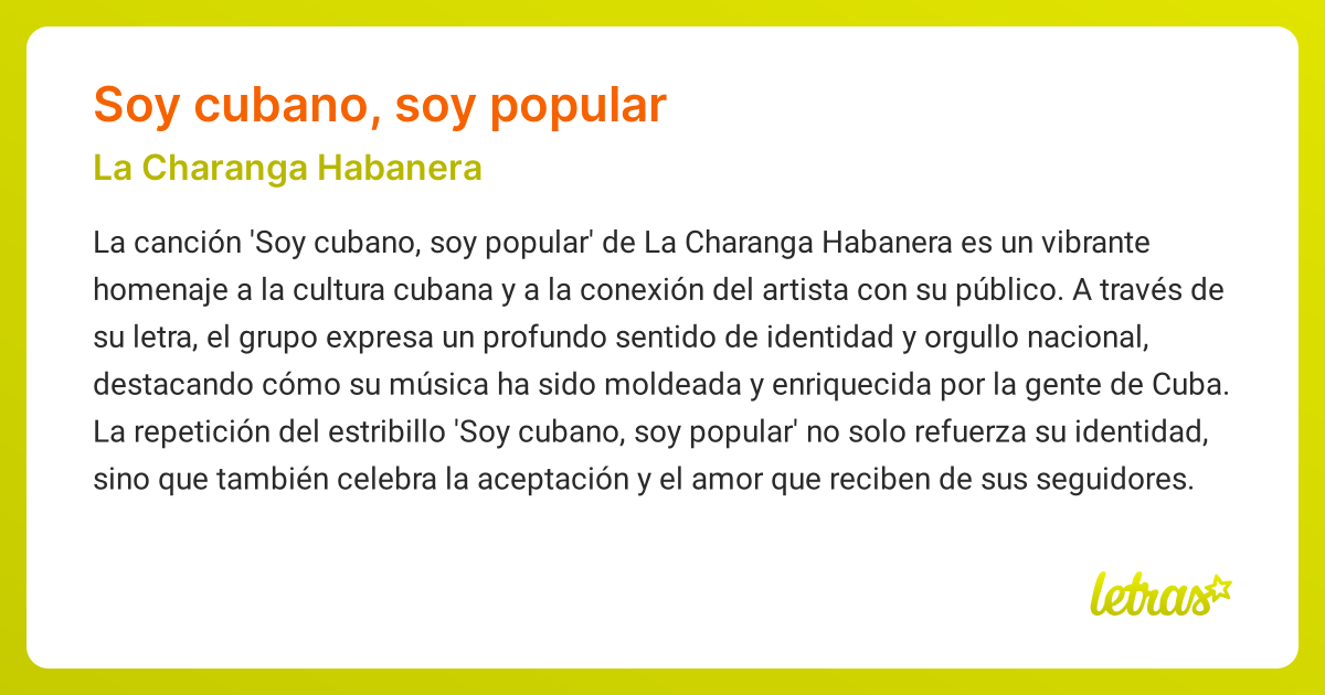 Significado de la canción SOY CUBANO, SOY POPULAR (La Charanga Habanera ...