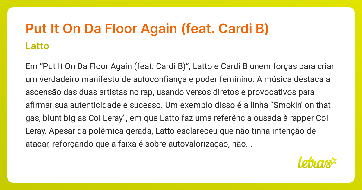 Significado da música Put It On Da Floor Again (feat. Cardi B) (Latto ...
