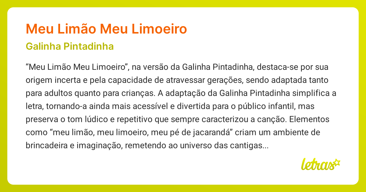 Significado da música MEU LIMÃO MEU LIMOEIRO (Galinha Pintadinha ...