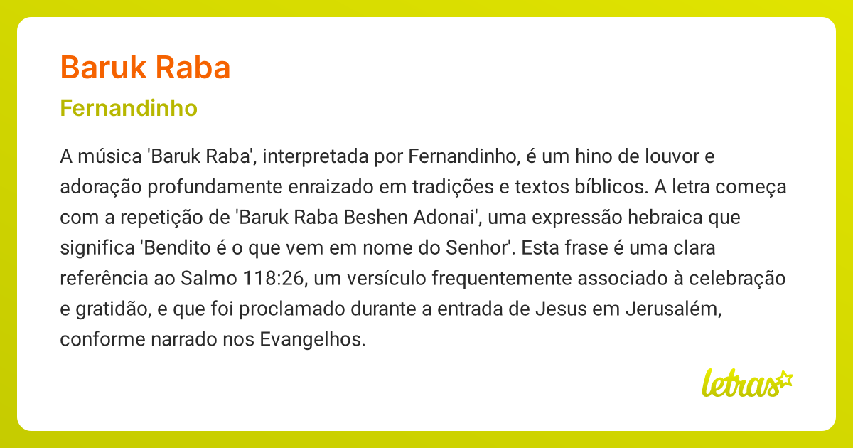 Significado da música BARUK RABA (Fernandinho) - LETRAS.MUS.BR