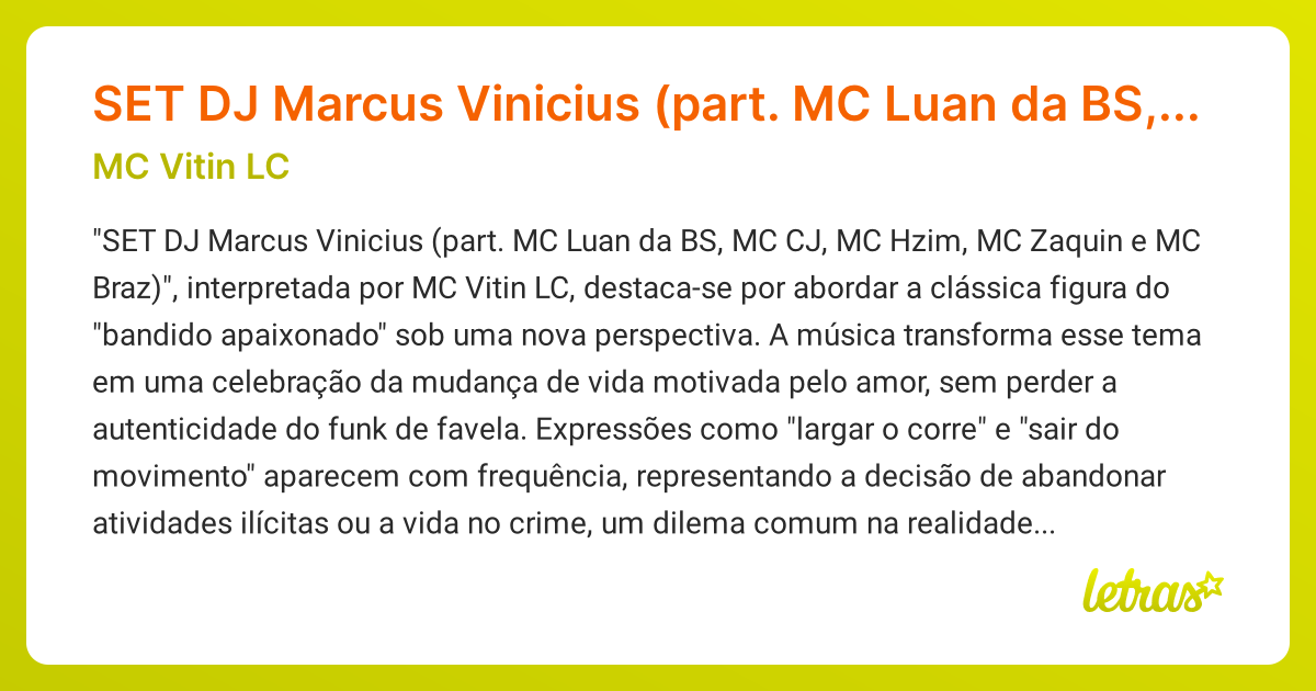 Significado da música SET DJ Marcus Vinicius (part. MC Luan da BS, MC ...