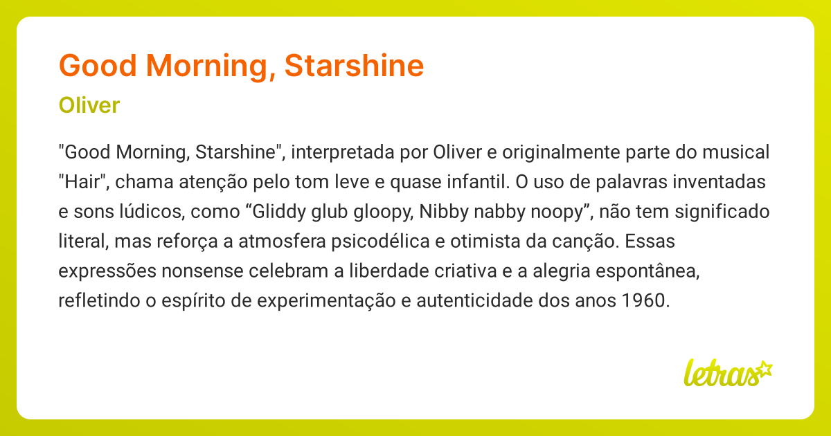 Significado da música GOOD MORNING, STARSHINE (Oliver) - LETRAS.MUS.BR