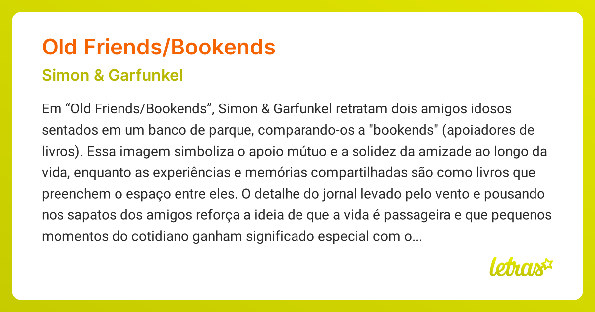 Significado da música OLD FRIENDS/BOOKENDS (Simon & Garfunkel) - LETRAS ...