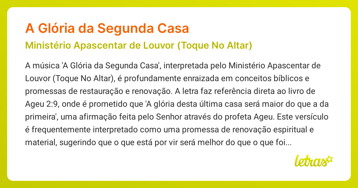 Significado da música A GLÓRIA DA SEGUNDA CASA (Ministério Apascentar ...