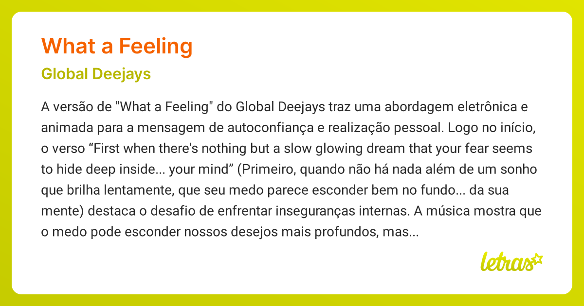 Significado da música WHAT A FEELING (Global Deejays) - LETRAS.MUS.BR