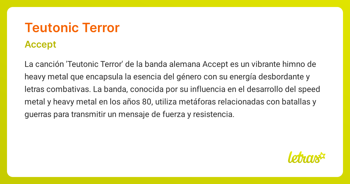 Significado de la canción TEUTONIC TERROR (Accept) - LETRAS.COM