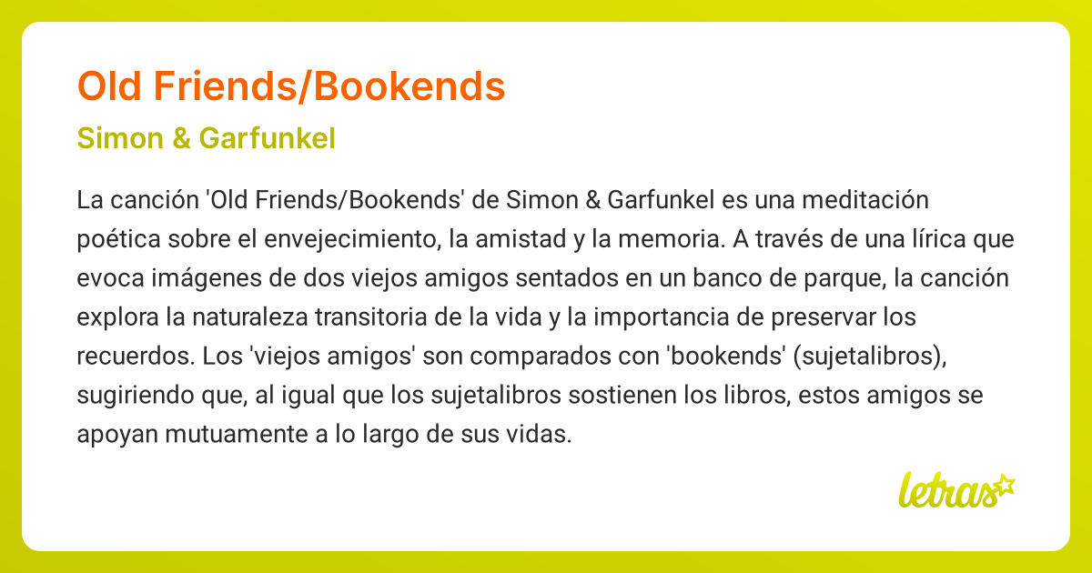 Significado de la canción OLD FRIENDS/BOOKENDS (Simon & Garfunkel) - LETRAS.COM
