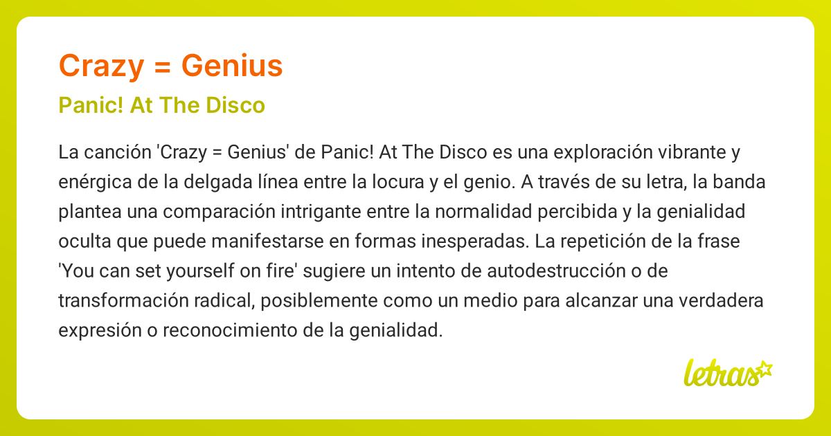 Significado de la canción CRAZY = GENIUS (Panic! At The Disco) - LETRAS.COM