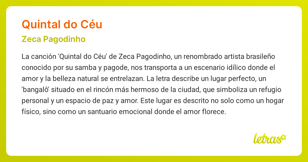 Significado de la canción QUINTAL DO CÉU (Zeca Pagodinho) - LETRAS.COM