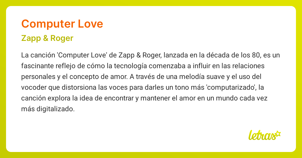 Significado de la canción COMPUTER LOVE (Zapp & Roger) - LETRAS.COM