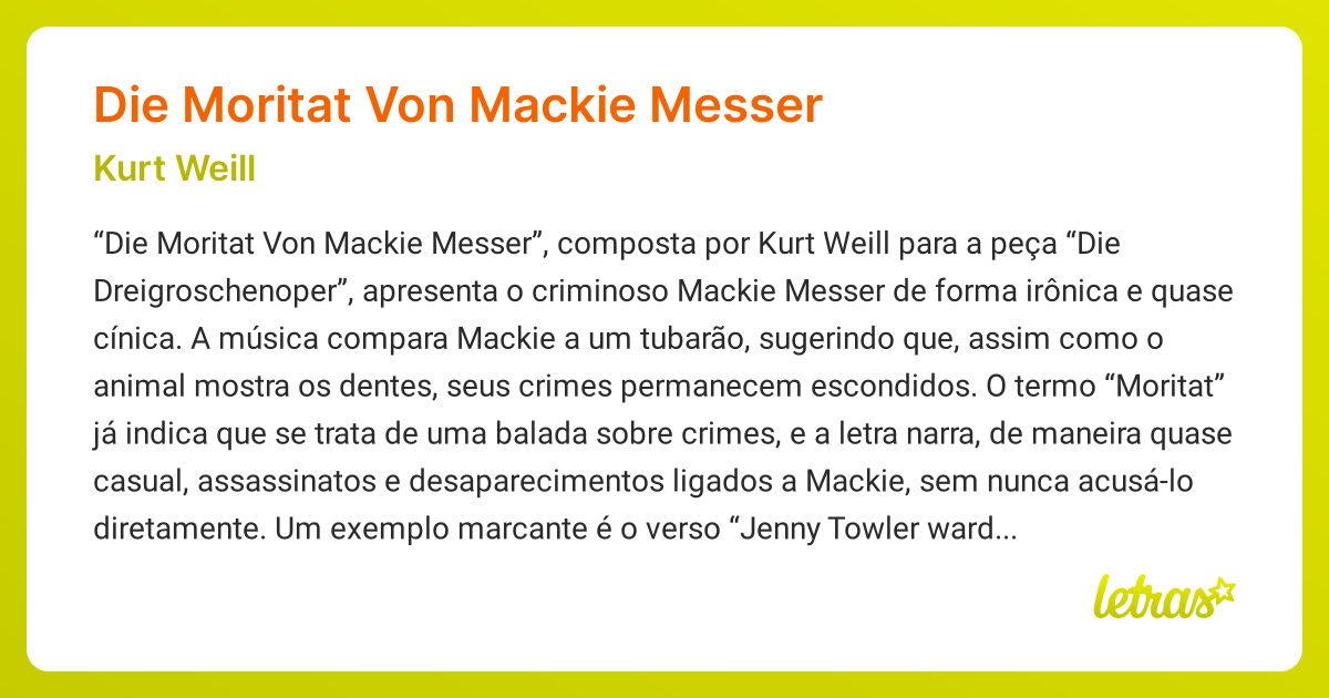 Significado da música DIE MORITAT VON MACKIE MESSER (Kurt Weill ...