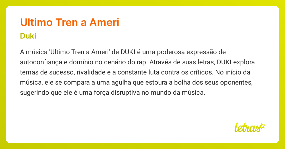 Significado da música ULTIMO TREN A AMERI (Duki) - LETRAS.MUS.BR