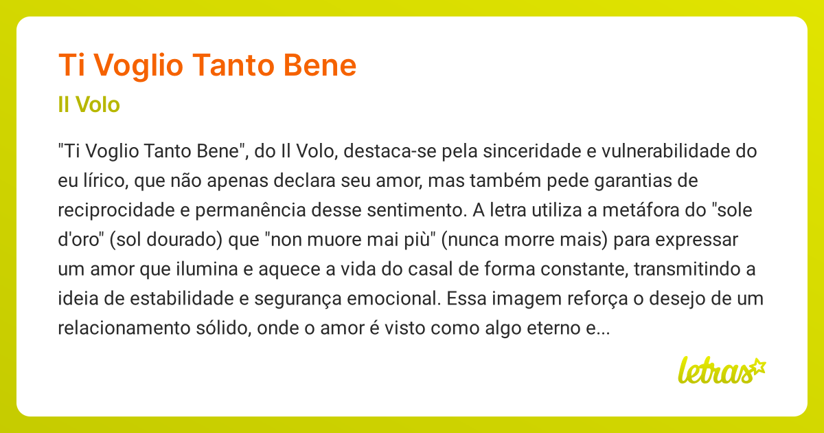 Significado da música TI VOGLIO TANTO BENE (Il Volo) - LETRAS.MUS.BR