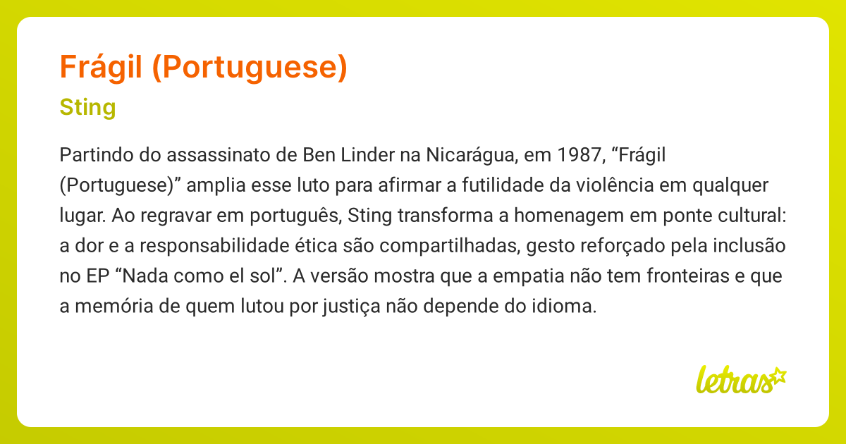 Significado da música FRÁGIL (PORTUGUESE) (Sting) - LETRAS.MUS.BR