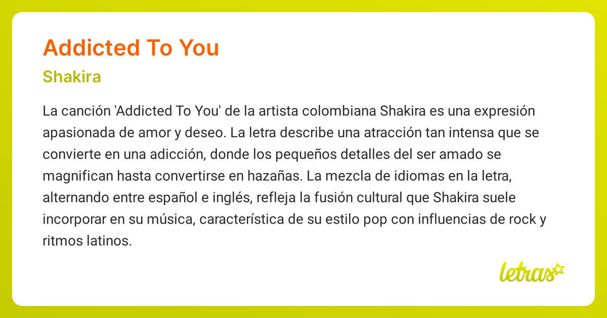 Significado de la canción ADDICTED TO YOU (Shakira) - LETRAS.COM