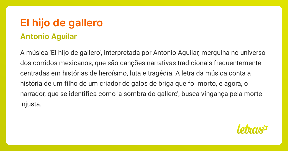 Significado da música EL HIJO DE GALLERO (Antonio Aguilar) - LETRAS.MUS.BR
