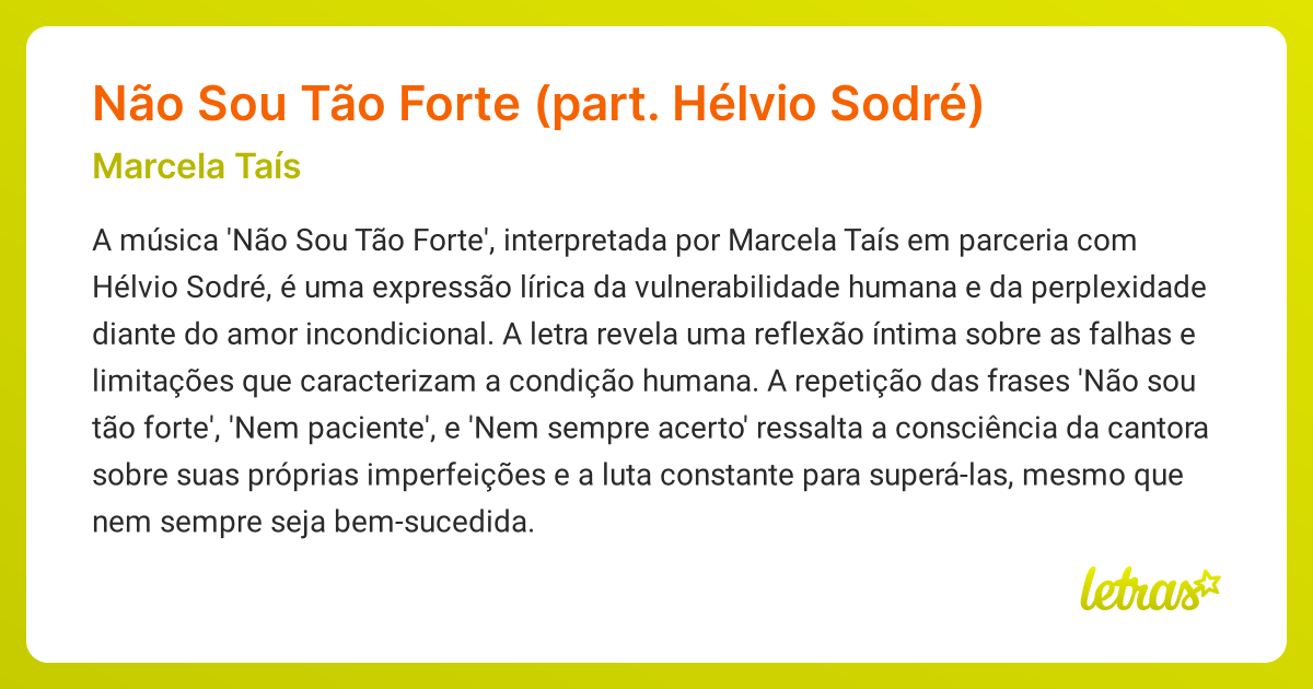 Significado da música Não Sou Tão Forte (part. Hélvio Sodré) (Marcela ...