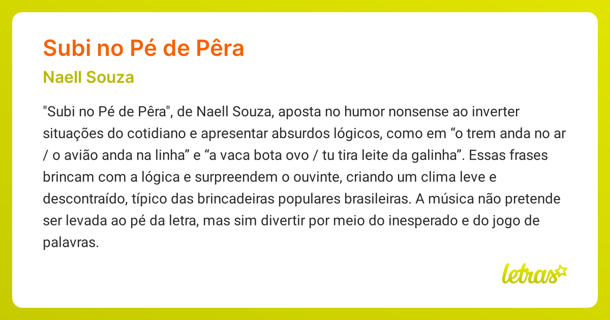 Significado da música SUBI NO PÉ DE PÊRA (Naell Souza) - LETRAS.MUS.BR