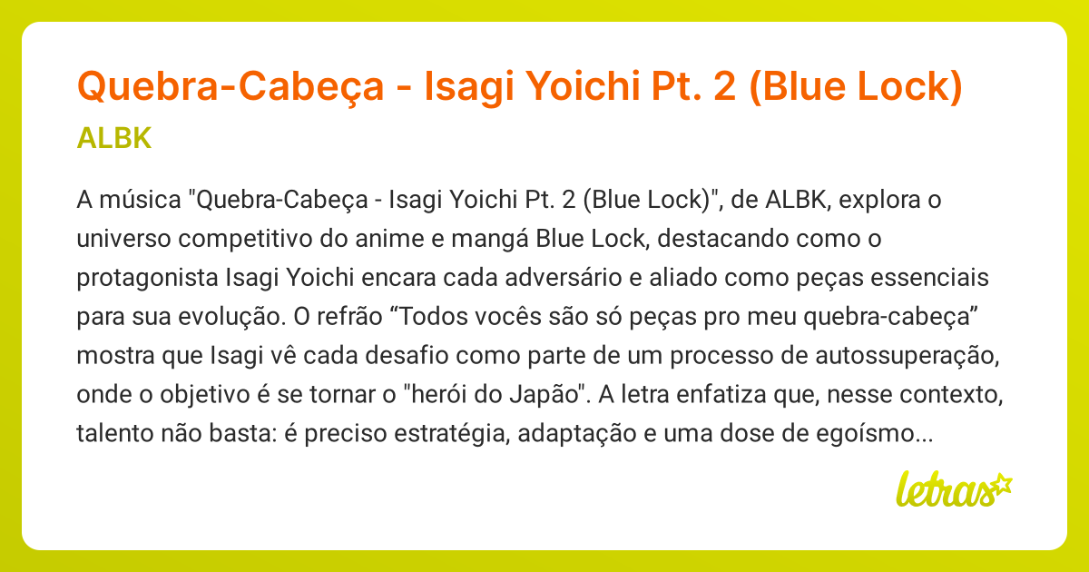 Significado da música Quebra-Cabeça - Isagi Yoichi Pt. 2 (Blue Lock ...