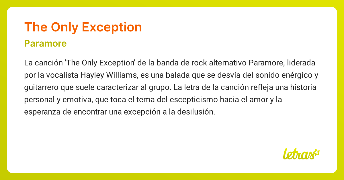 Significado de la canción THE ONLY EXCEPTION (Paramore) - LETRAS.COM