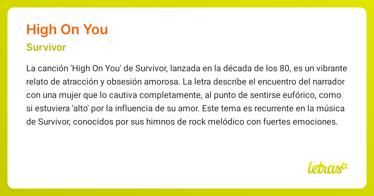 Significado de la canción HIGH ON YOU (Survivor) - LETRAS.COM