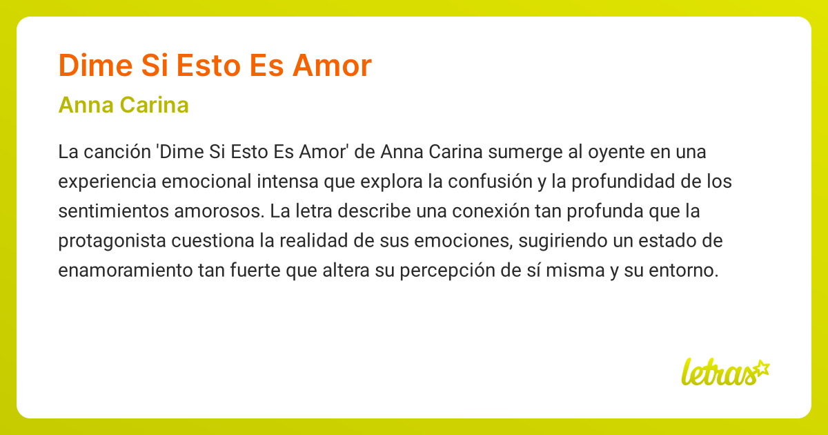 Significado de la canción DIME SI ESTO ES AMOR (Anna Carina) - LETRAS.COM