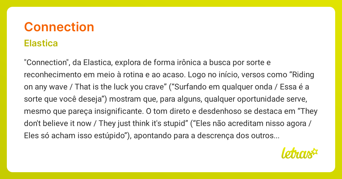 Significado da música CONNECTION (Elastica) - LETRAS.MUS.BR
